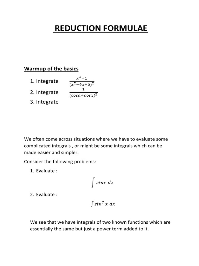 Reduction Formulae Warmup Of The Basics Pdf Integral Theoretical Computer Science