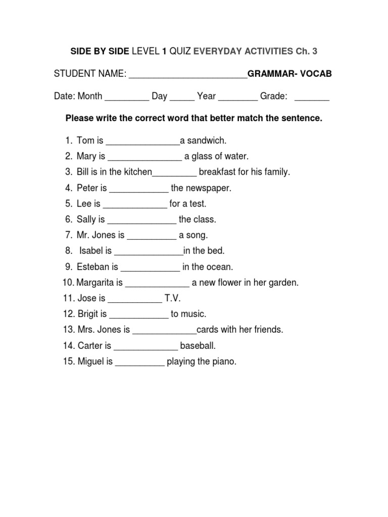 Side by Side Level 1 Quiz Everyday Activities Ch. 3 | PDF