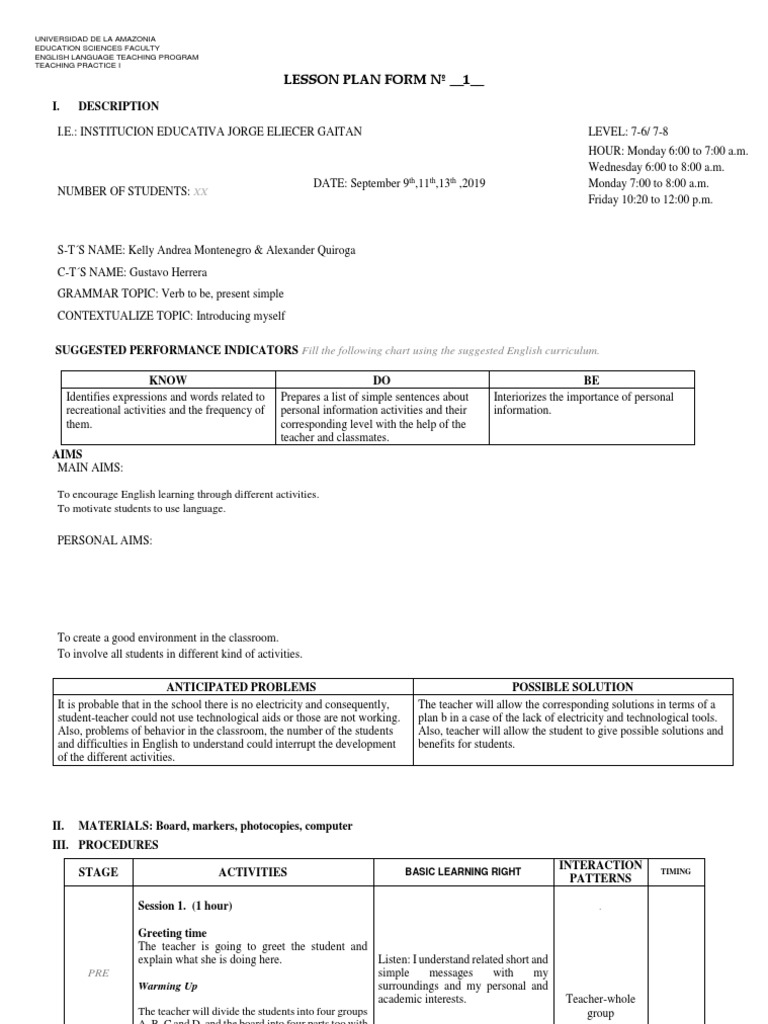 Lesson Plan Form # - 1 - : I. Description | PDF | Question | Teachers