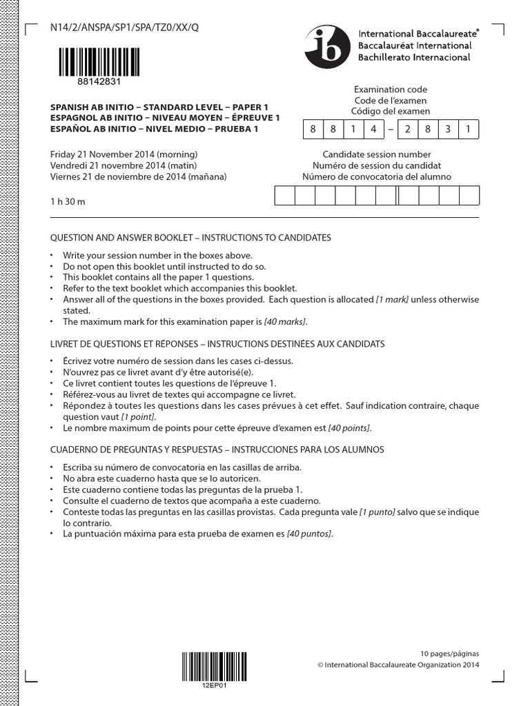 Spanish Ab Initio Paper 1 Question Booklet SL Spanish | PDF ...