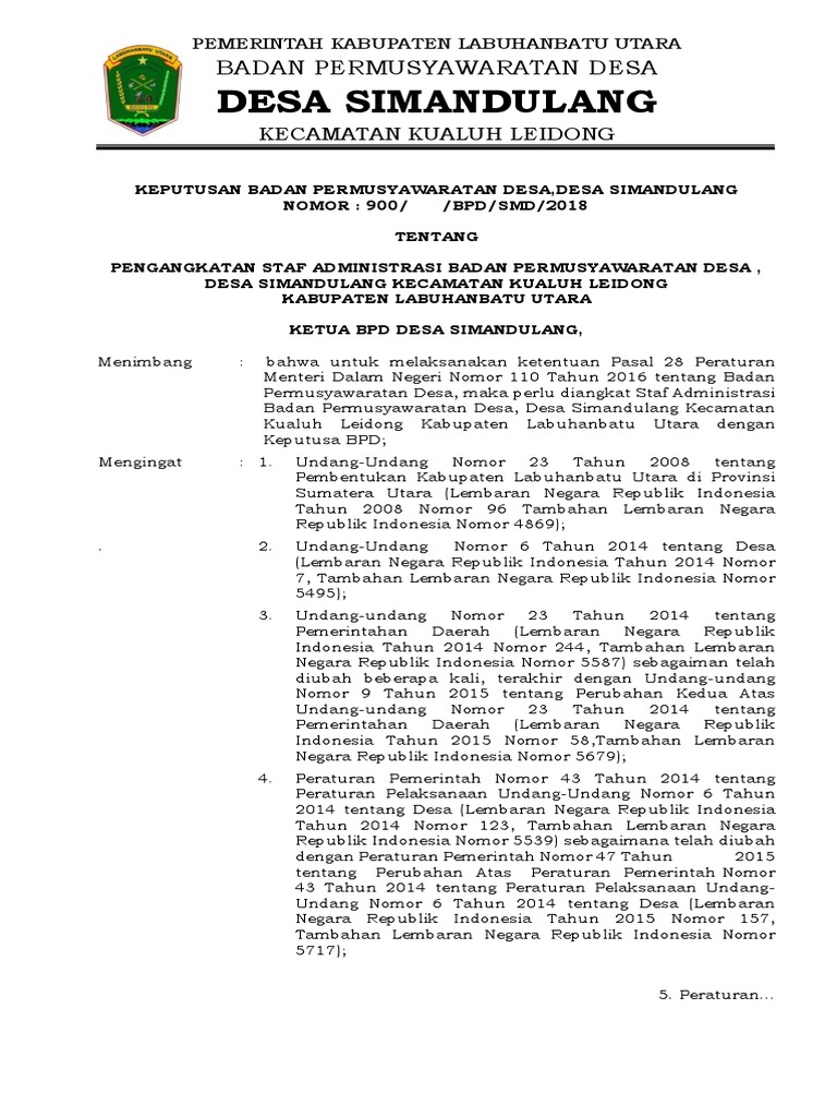 Pengangkatan Staf Administrasi BPD Desa Simandulang | PDF