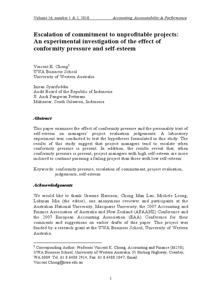 Escalation of Commitment To Unprofitable Projects: An Experimental ...