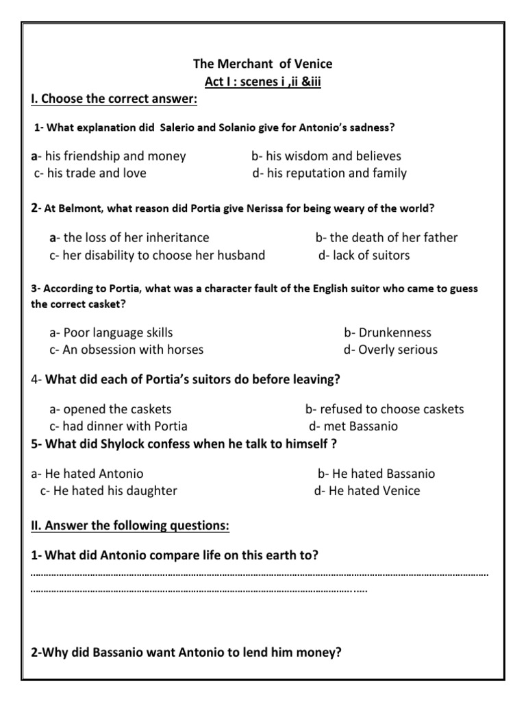 The Merchant of Venice Worksheet 1 | PDF | The Merchant Of Venice ...