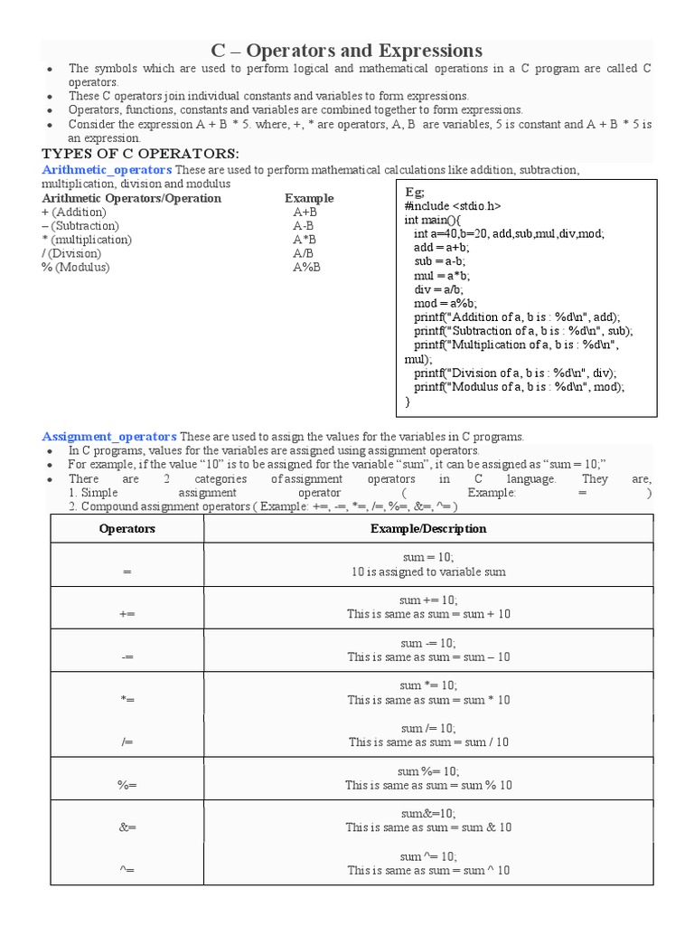 C Operators and Expressions Guide: The Basics | PDF | C (Programming ...