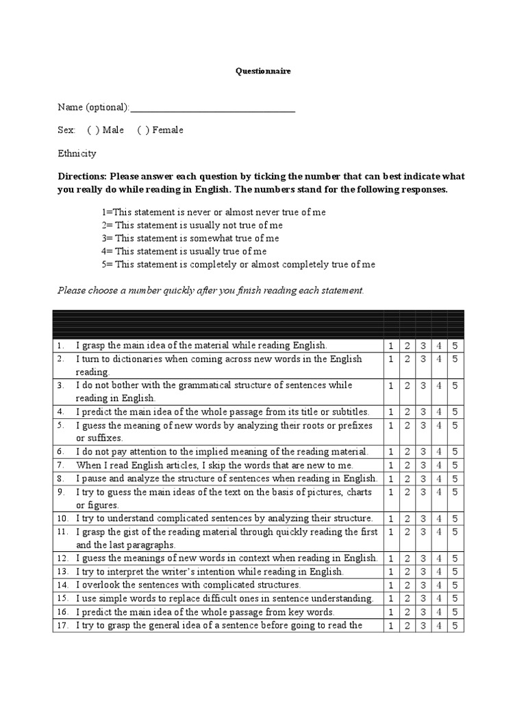 Questionnaire English Reading Comprehension | PDF | Word | English Language