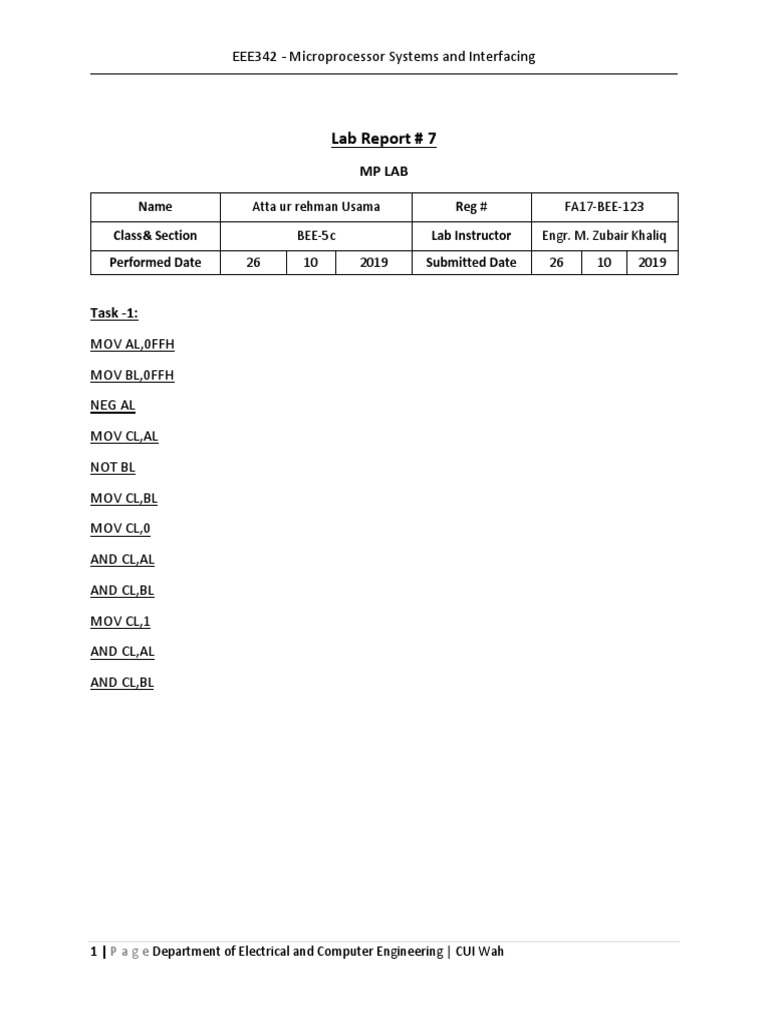 Microprocessor Lab Report: Tasks 1-6 | PDF