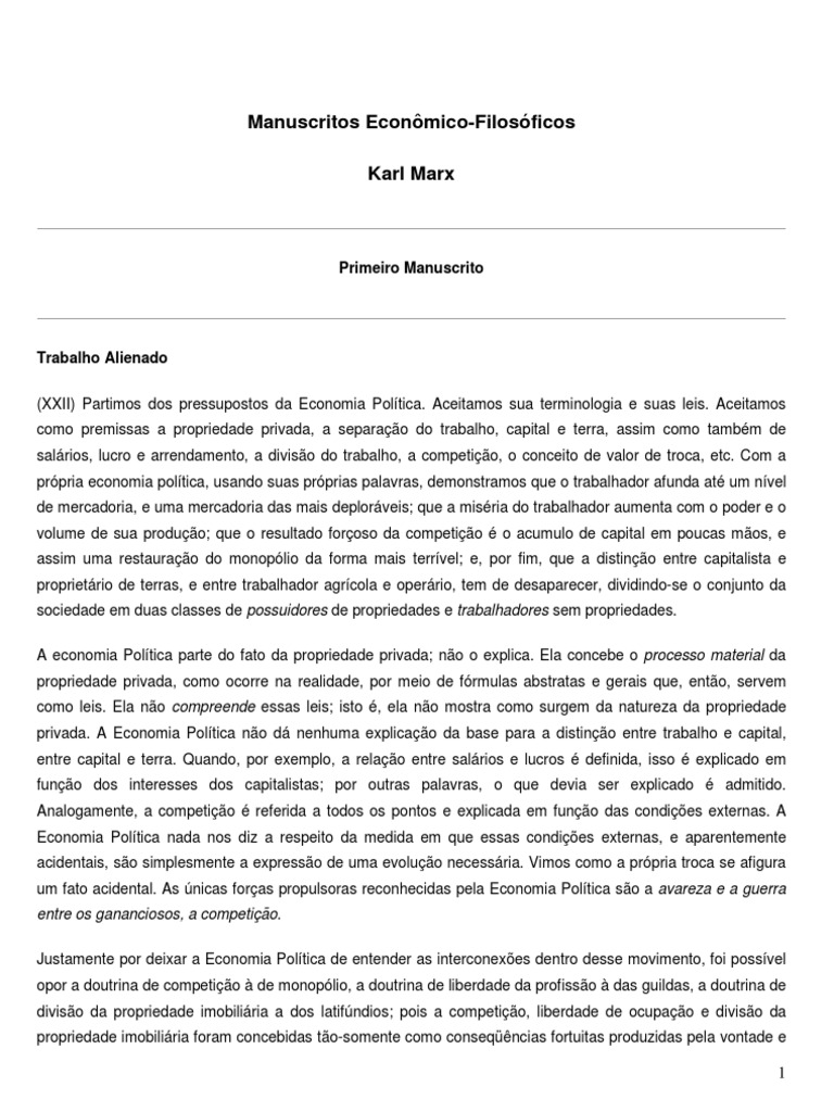 Trabalho Alienado (Karl Marx) | PDF | Alienação social | Economia