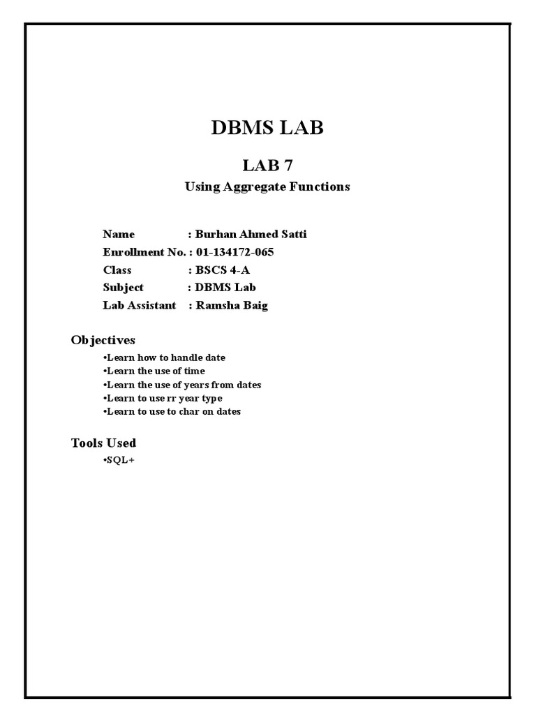 Dbms Lab: Using Aggregate Functions | PDF