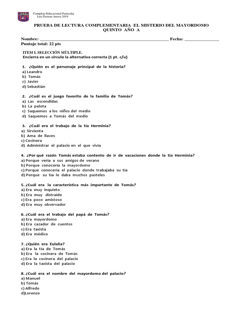 Prueba de Lectura El Misterio Del Mayordomo 5° A | PDF | Deportes | Ocio