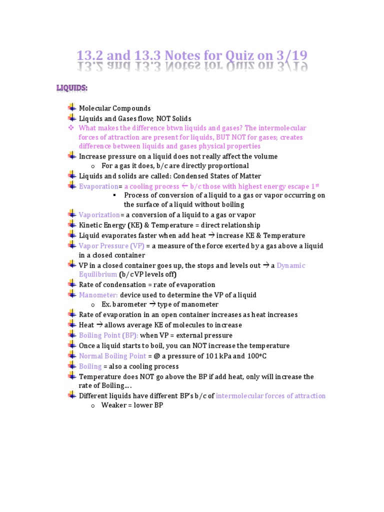 Chem 13.2 and 13.3 Quiz Notes | PDF | Evaporation | Liquids