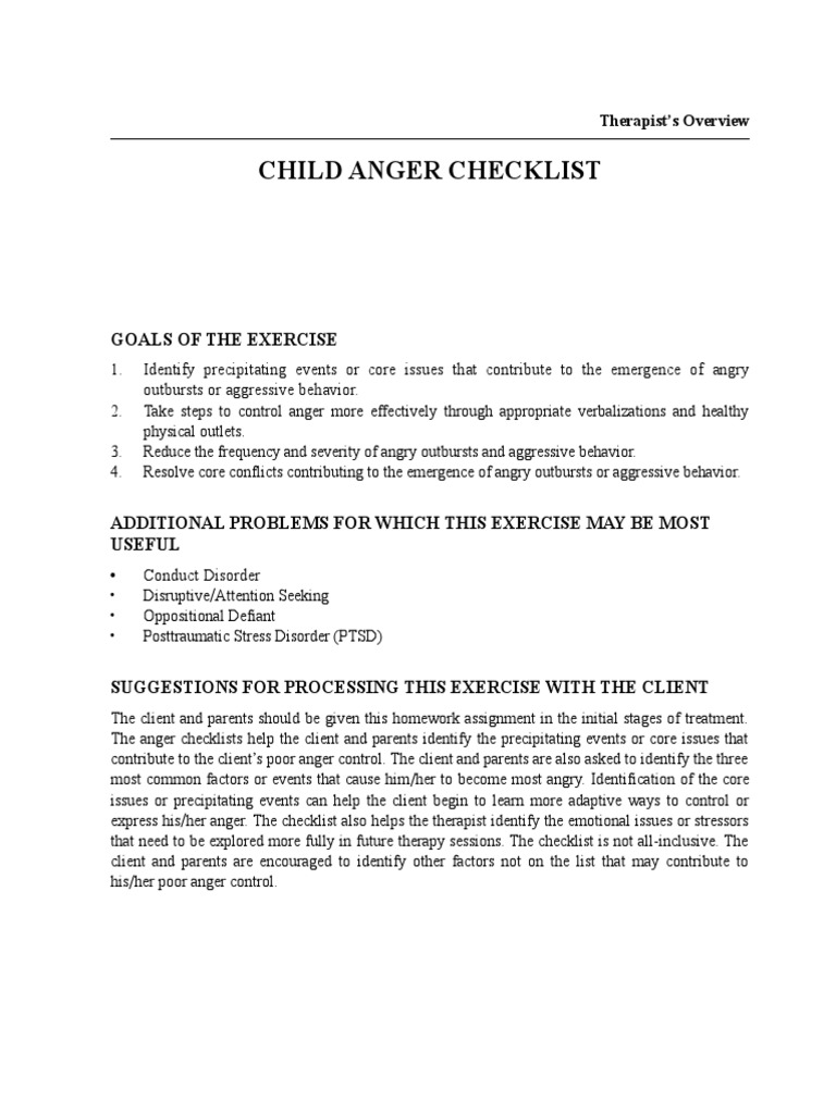 Child Anger Checklist | PDF | Anger | Psychotherapy