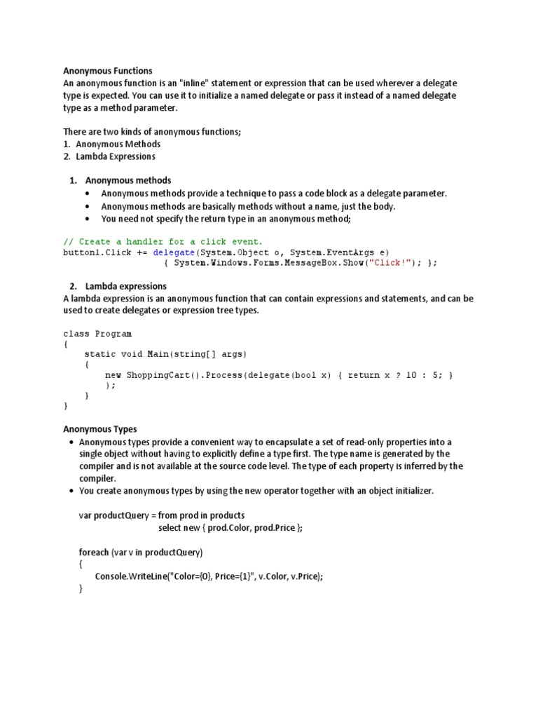 Anonymous Functions: // Create A Handler For A Click Event | PDF