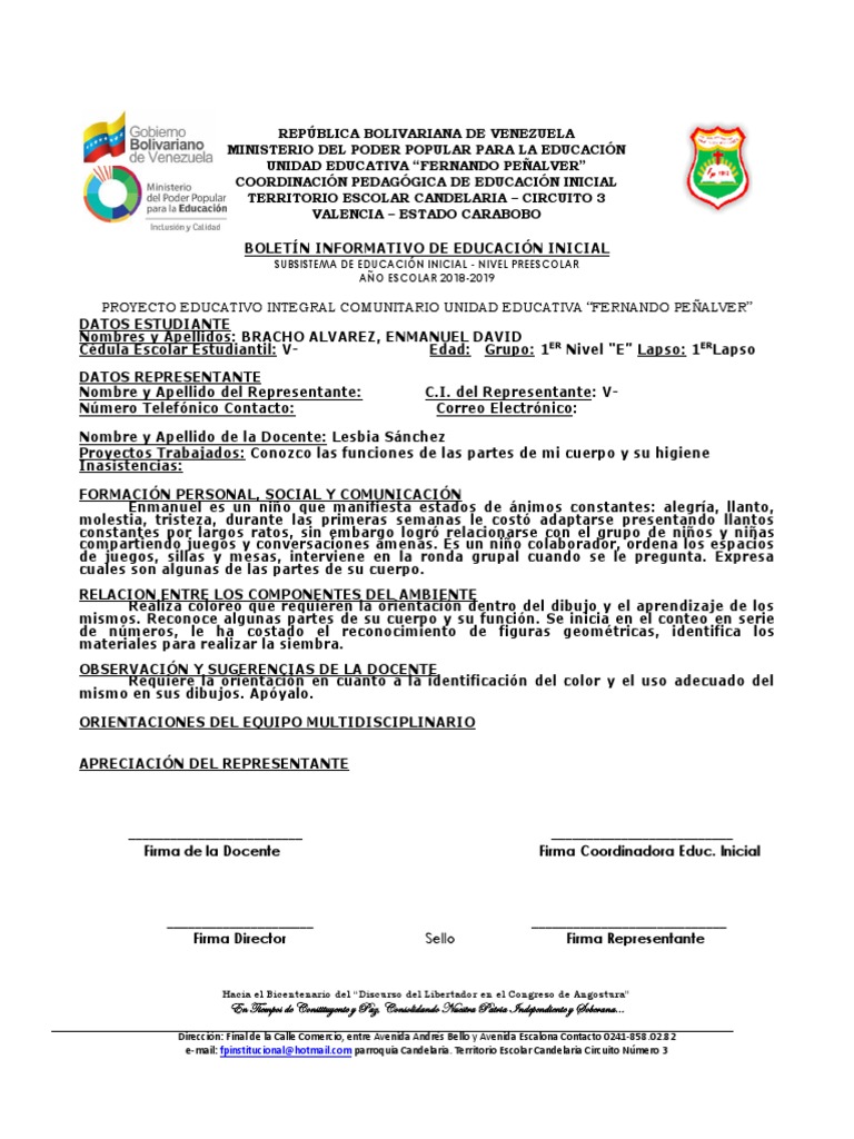 Boletas 1er Lapso 2018-2019 | PDF | Educación de la primera infancia ...