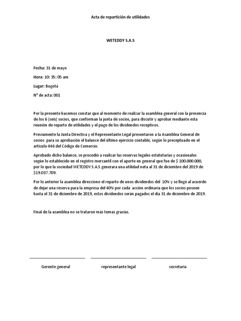 Acta de Reparto de Utilidades 2019 | PDF | Finanzas y dinero
