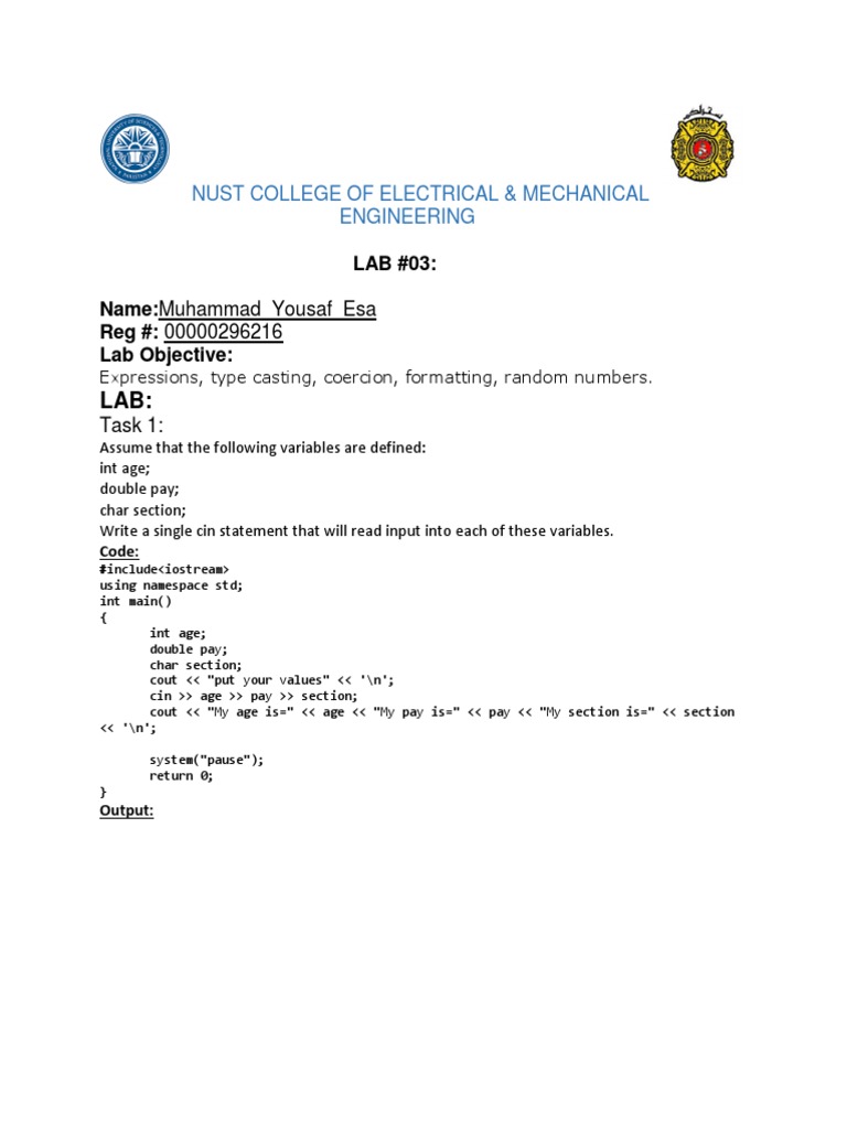 Yousaf Esa Lab Report 3 ME-41 C | PDF | Integer (Computer Science) | Teaching Mathematics