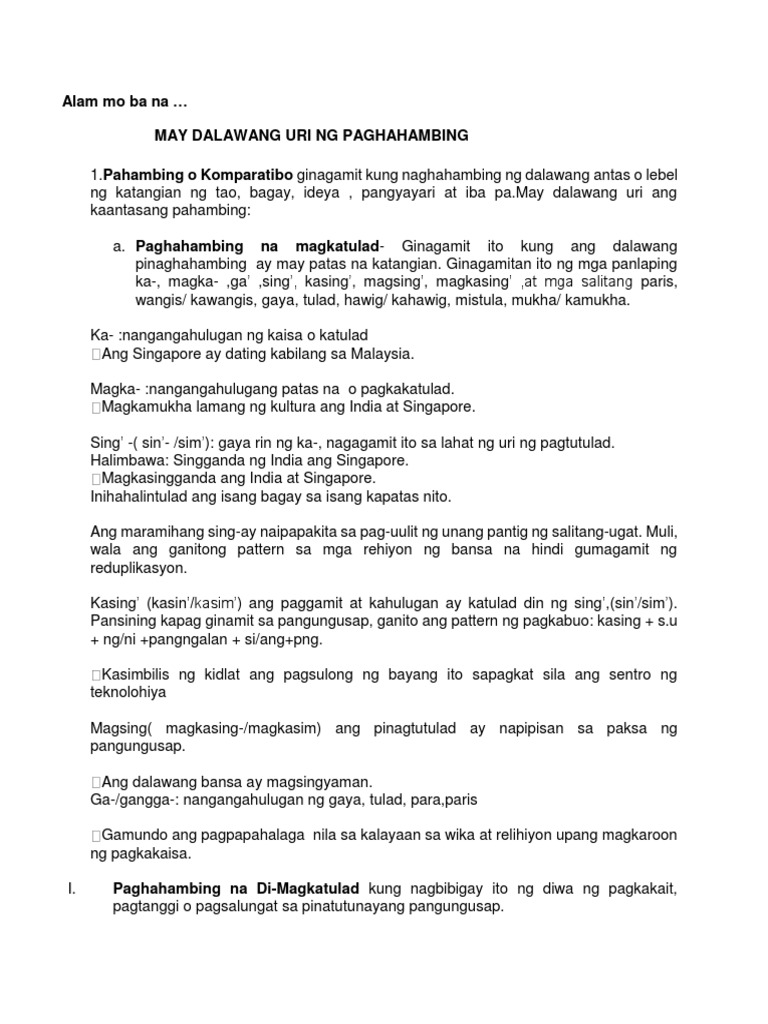 Dalawang Uri NG Pagtutulad o Paghahambing para Sa Modyul | PDF