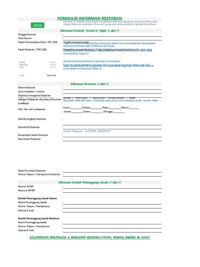 Formulir Informasi Restoran Untuk GrabFood & OVO - July 2019 | PDF