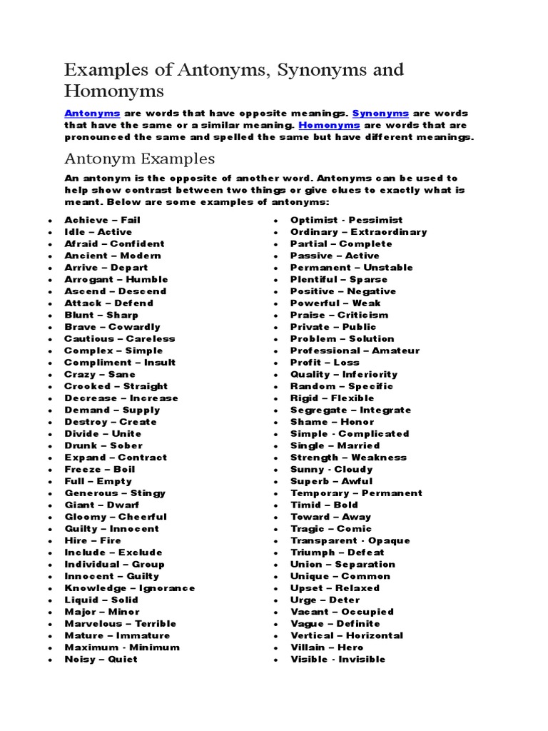 A Comprehensive Guide to Antonyms, Synonyms, and Homonyms with Abundant ...