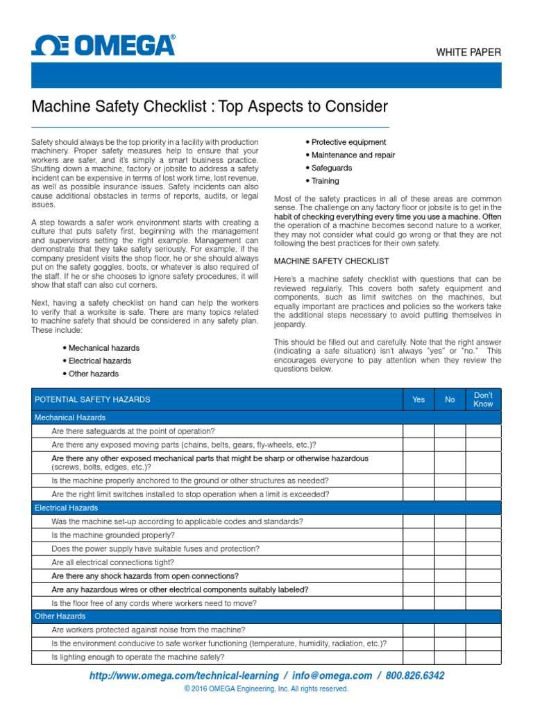Machine Safety Checklist: Top Aspects To Consider: White Paper | PDF ...