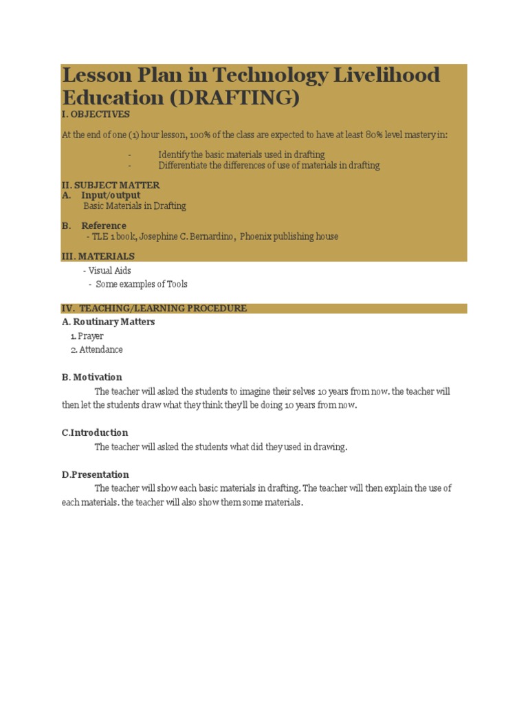 Lesson Plan in Technology Livelihood Education (DRAFTING) | Download ...