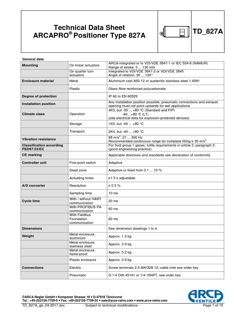 Technical Data Sheet Arcapro Positioner Type 827A TD - 827A | PDF ...