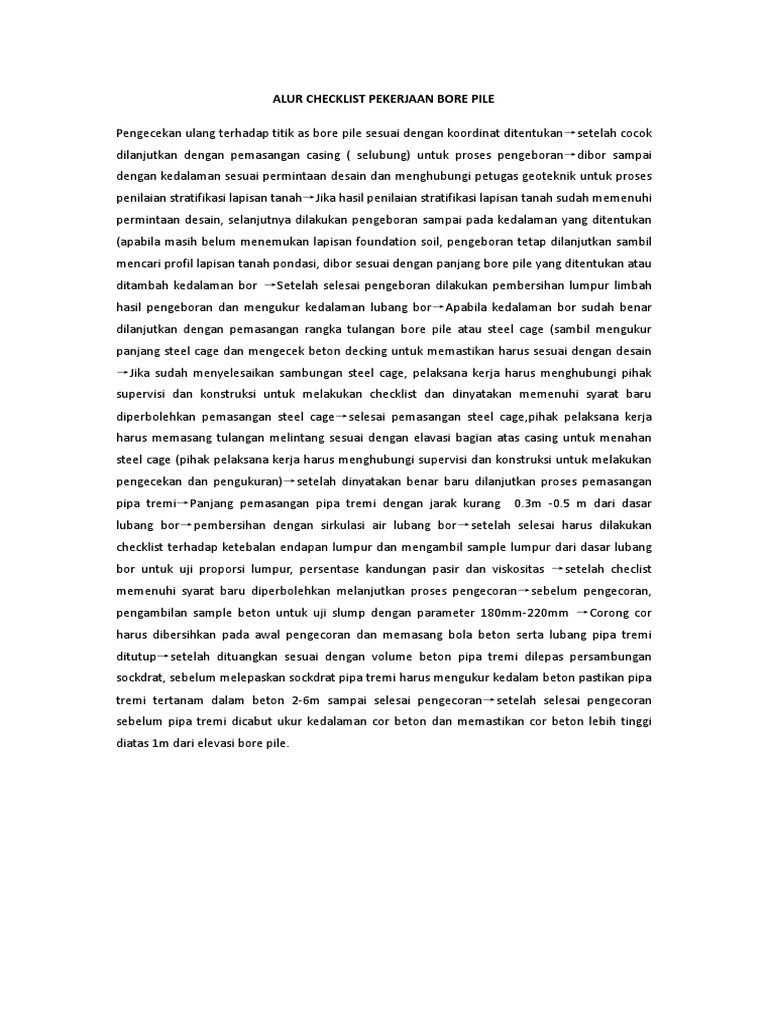 Bore Pile Installation Work Flow Checklist | PDF