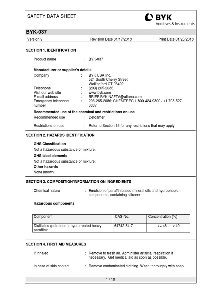 SDS BYK-037 US en | PDF | Firefighting | Toxicity