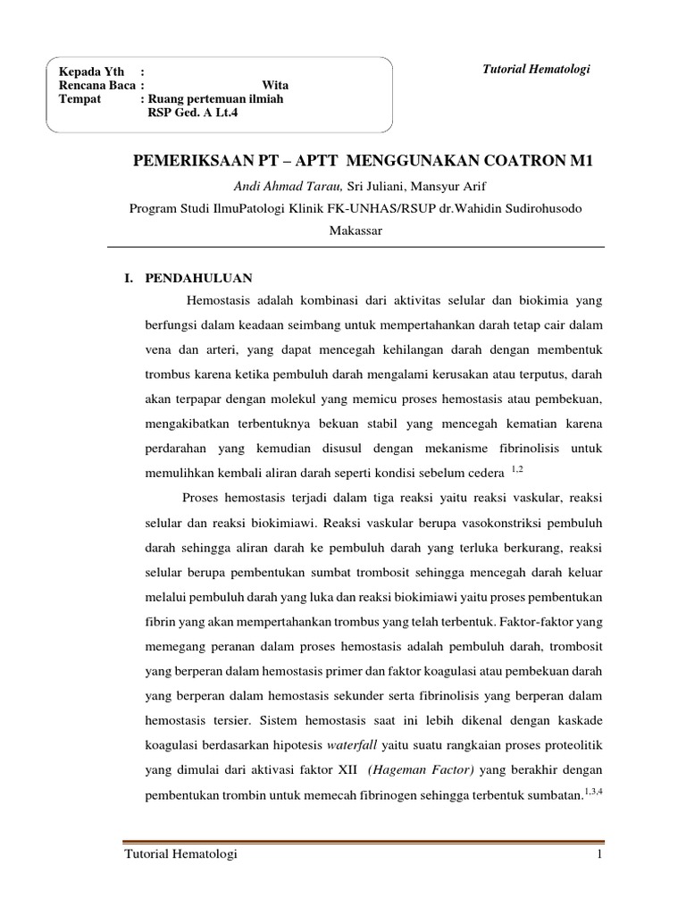 Makalah DR - Tarau Pemeriksaan PT - Aptt Coatron m1 | PDF