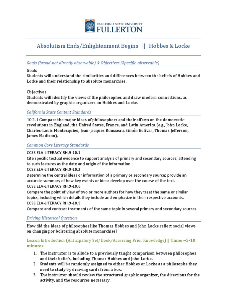 Hobbes and Locke: Enlightenment Lesson Plan | PDF | John Locke | Age Of ...