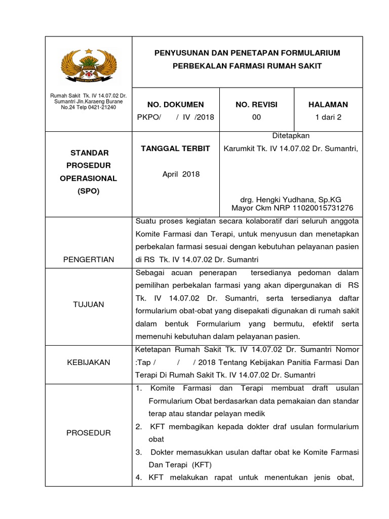 Spo Penyusunan Dan Penetapan Formularium Perbekalan Farmasi Rumah Sakit