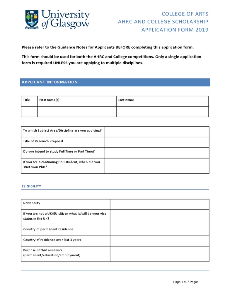 College of Arts Ahrc and College Scholarship Application Form 2019 ...