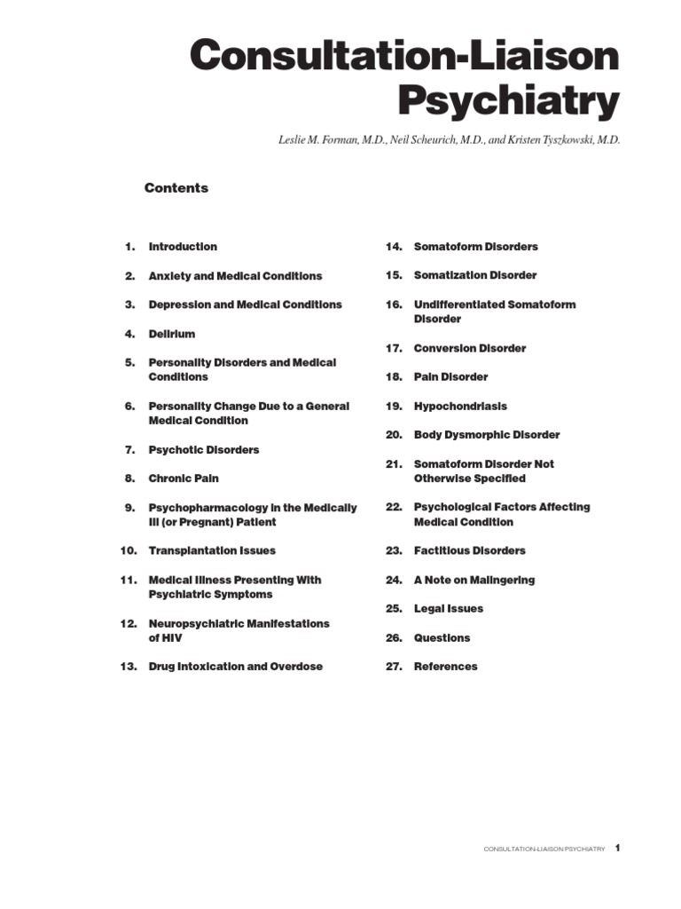 Consultation-Liaison Psychiatry: Leslie M. Forman, M.D., Neil Scheurich ...