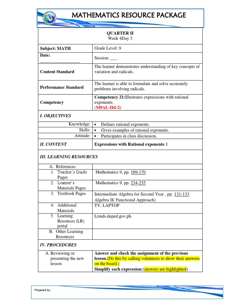 Mathematics Resource Package: I. Objectives | PDF | Exponentiation ...