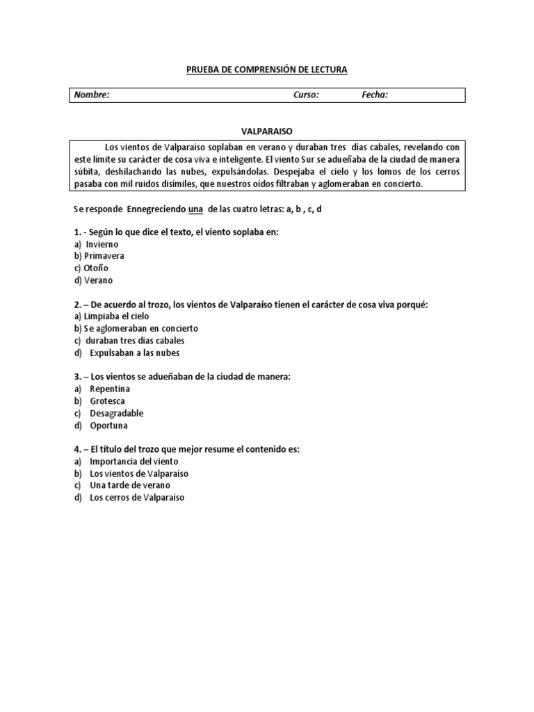 Prueba de Comprensión de Lectura | PDF | Poesía | Libros para adolescentes