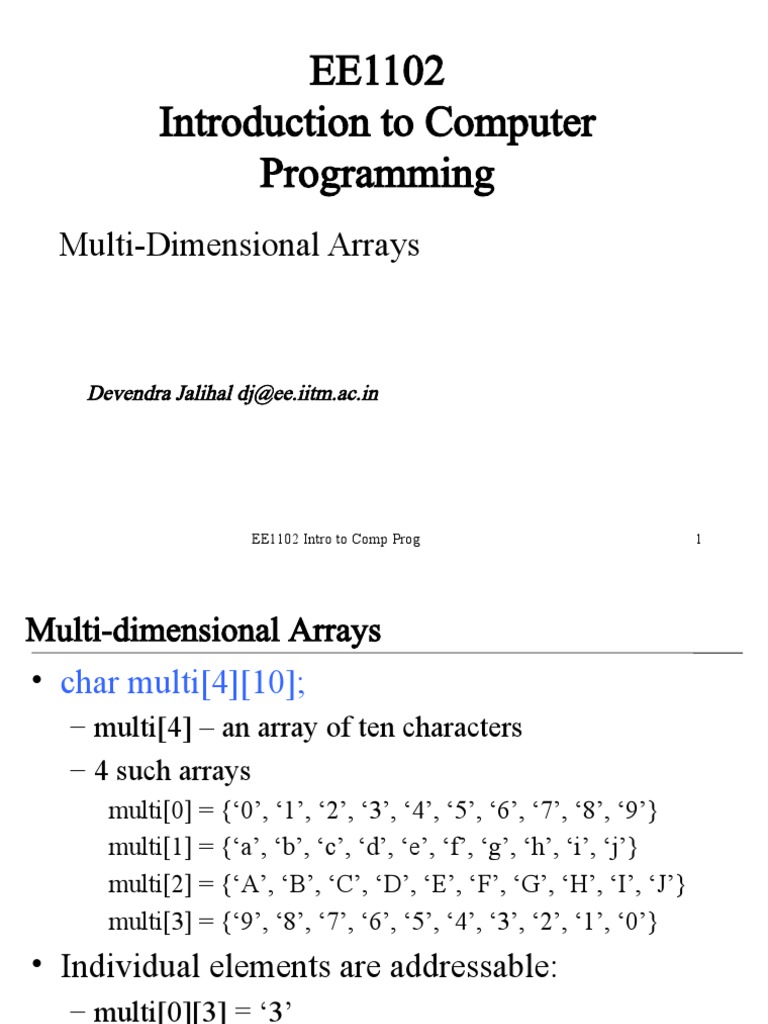 Ee1102 Introduction To Computer Programming Multi Dimensional Arrays Pdf Array Data 0276