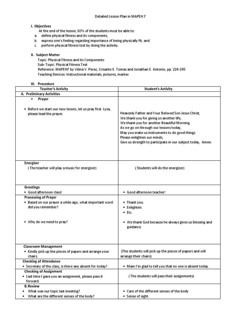 Detailed Lesson Plan in MAPEH 7 | PDF | Physical Strength | Flexibility ...