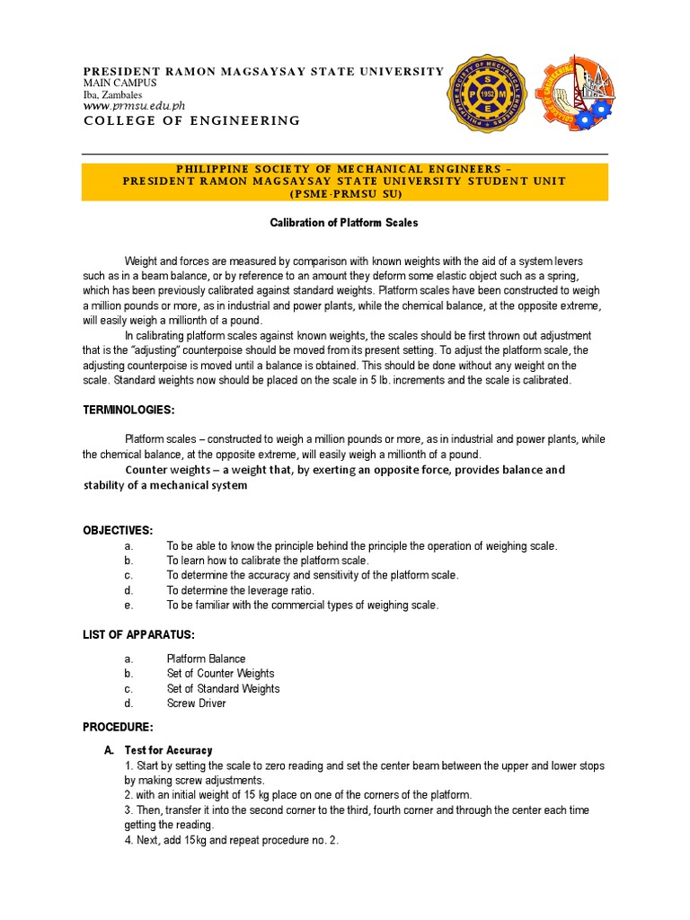 Calibration of Platform Scales and Calibration and Use of Pressure and ...