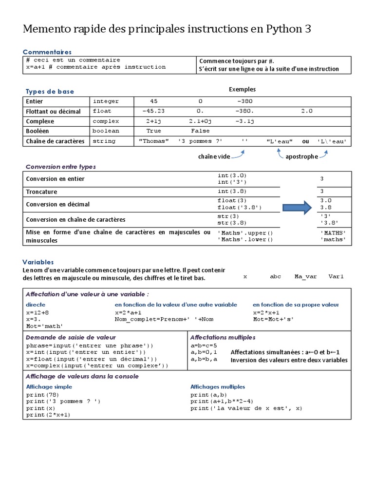 Memento Python 2 | PDF | Structure de contrôle | Nombre complexe