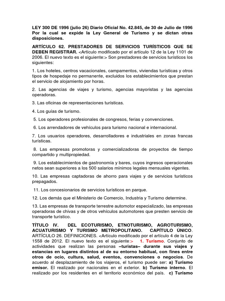 Resumen Ley 300 de 1996 | PDF | Agencia de viajes | Turismo