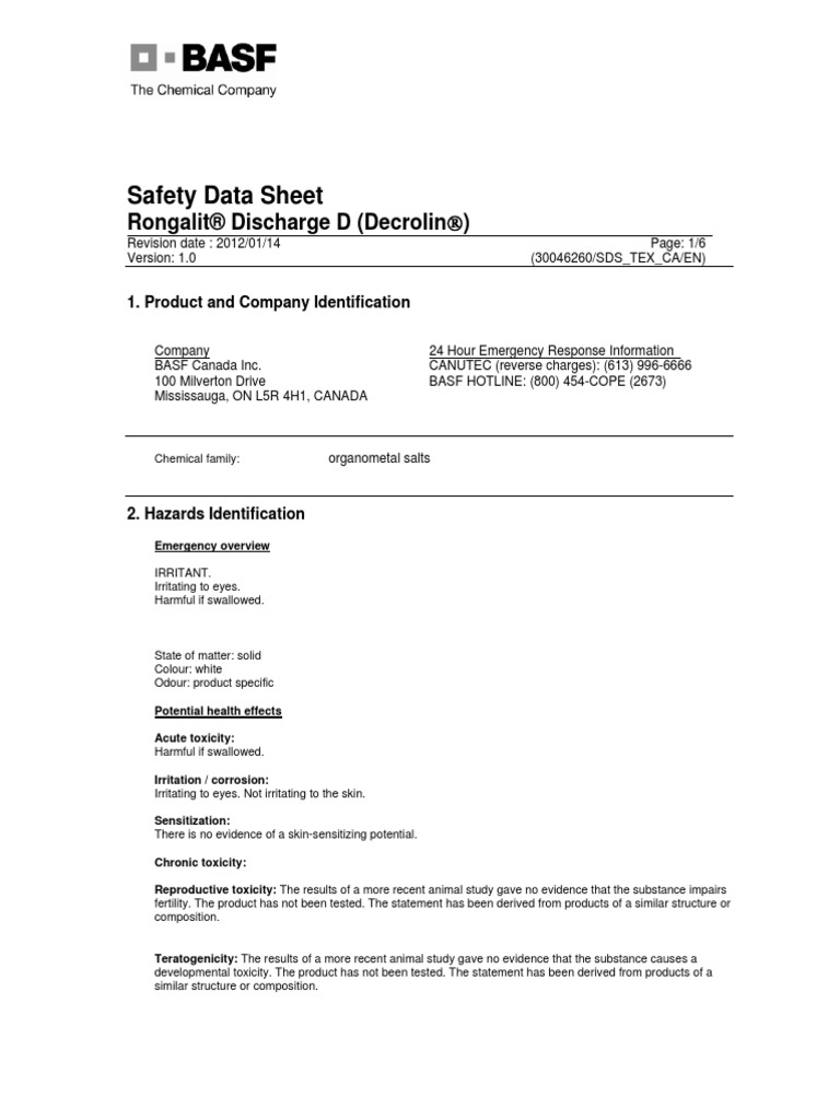 MSDS Rongalit Discharge D (Decrolin) (E) PDF | PDF | Toxicity ...