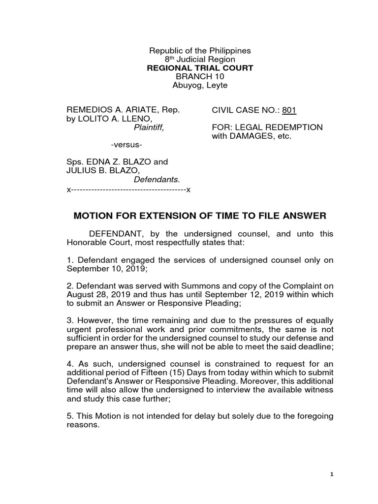 Motion For Extension of Time To File Answer | PDF | Lawsuit | Public Law