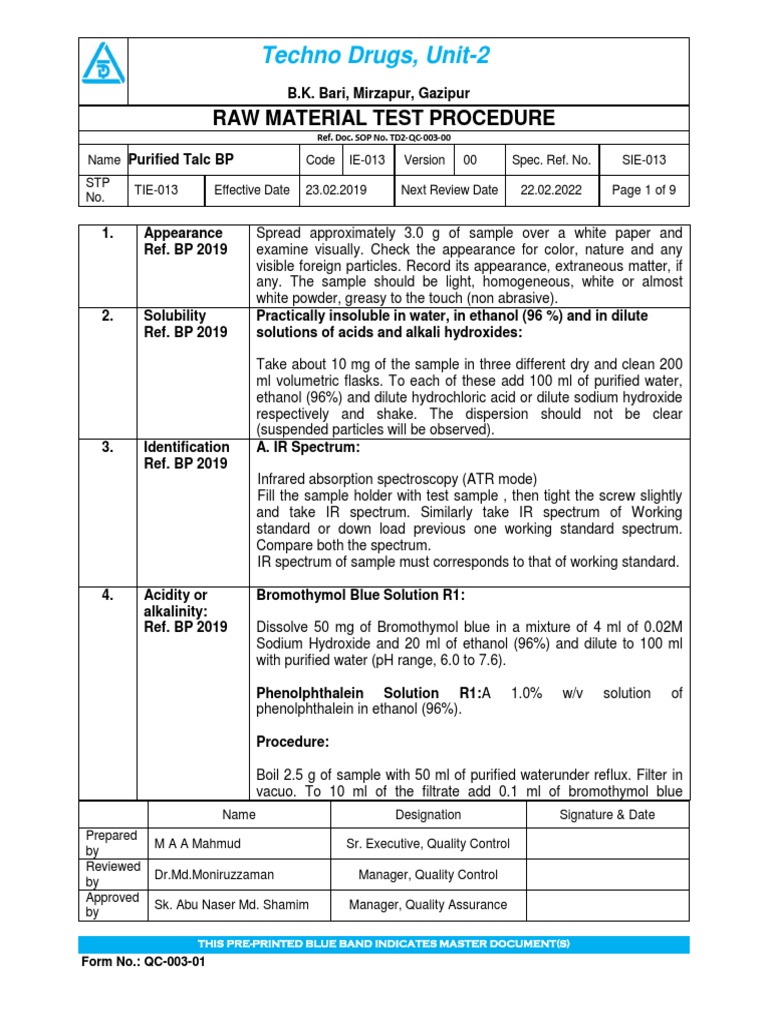 Techno Drugs Raw Material Test Procedure | PDF | Infrared Spectroscopy ...