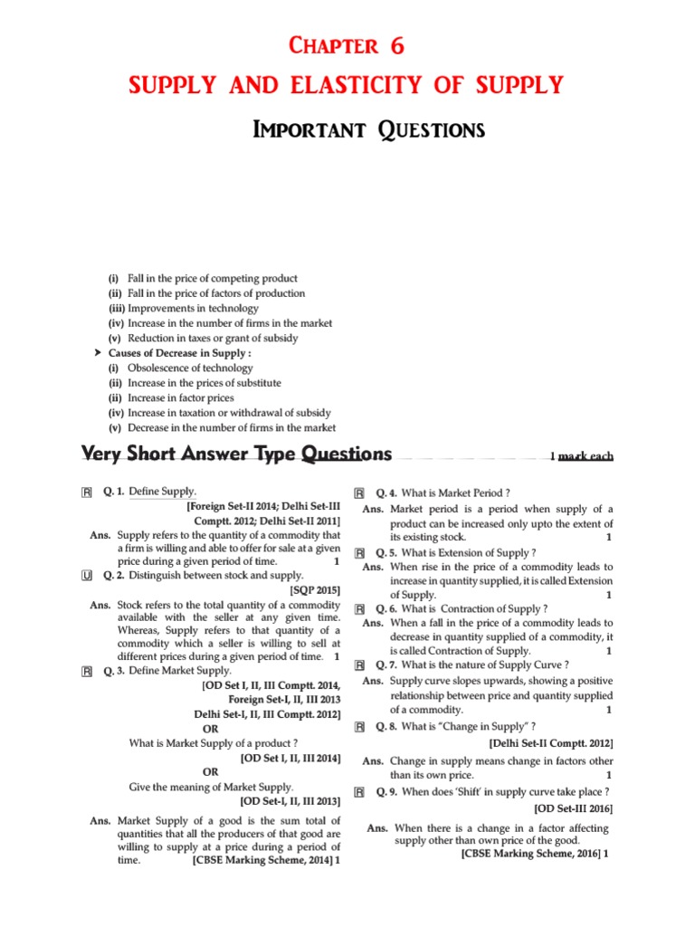 Supply and Elasticity of Supply Important Questions | PDF | Supply ...