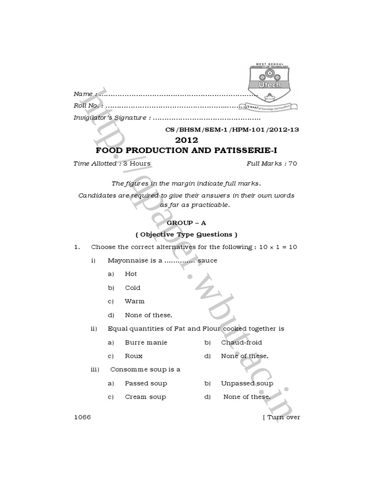 HT TP: //qpa Pe R.W But .Ac .In: 2012 Food Production and Patisserie-I | Download Free PDF ...