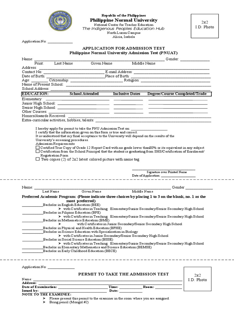 Application For Admission Test Philippine Normal University Admission ...