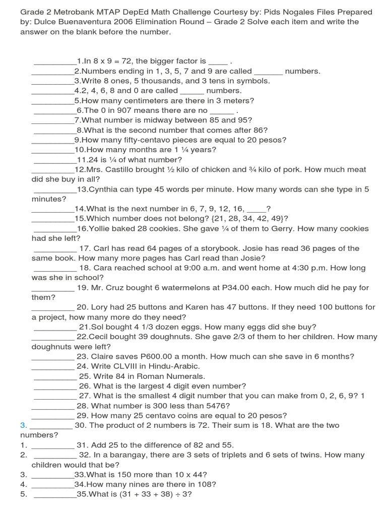 Solutions to a Grade 2 Mathematics Challenge Test Covering Topics in ...