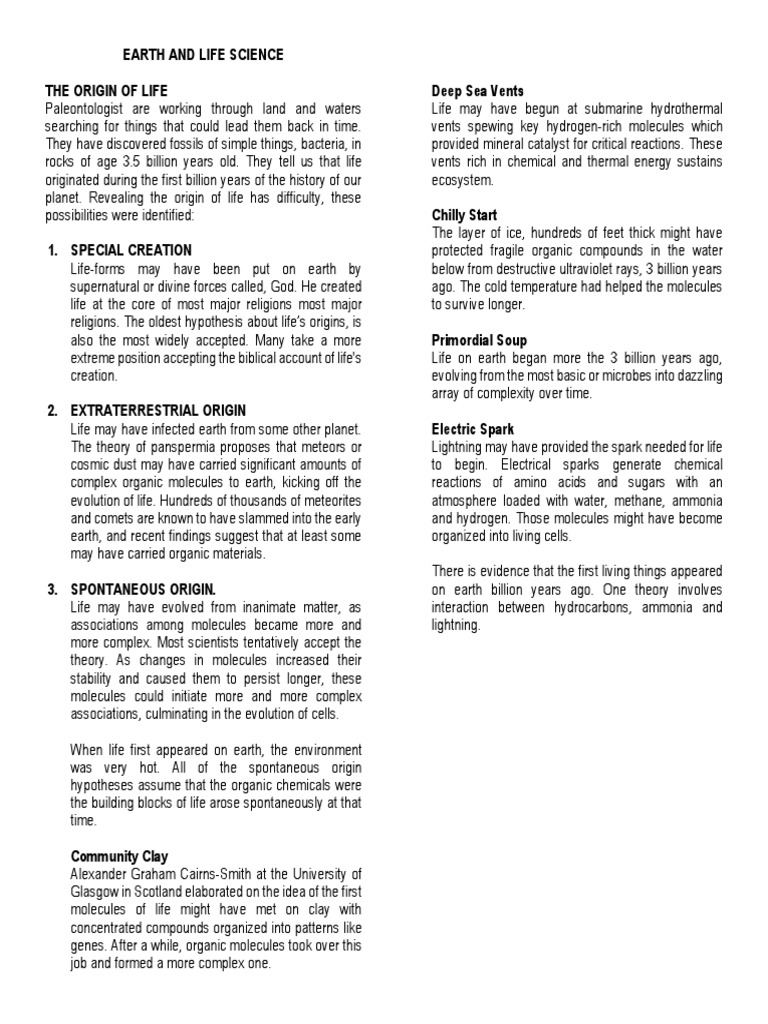 Earth and Life Science The Origin of Life Deep Sea Vents | PDF ...