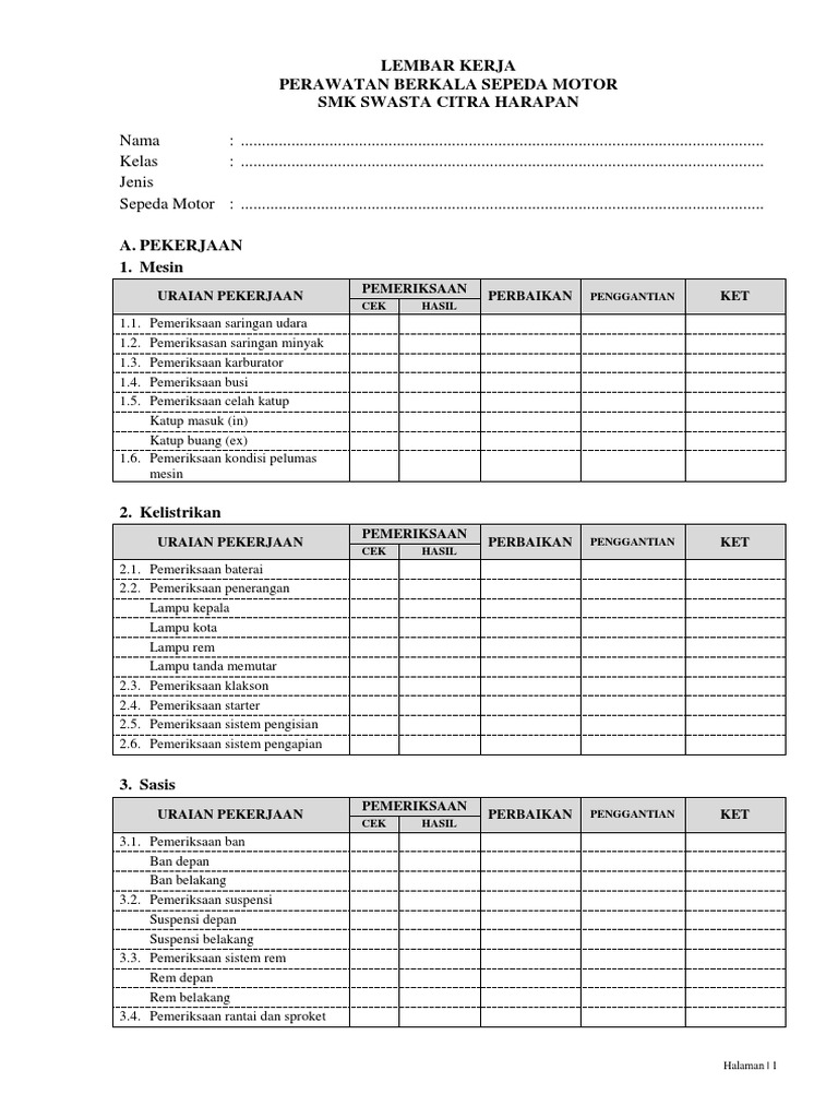 Lembar Kerja Service Sepeda Motor | PDF