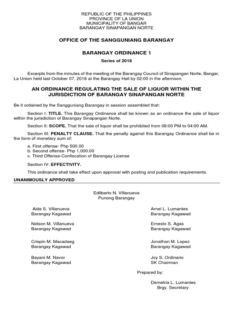 Barangay Ordinance 1 | PDF