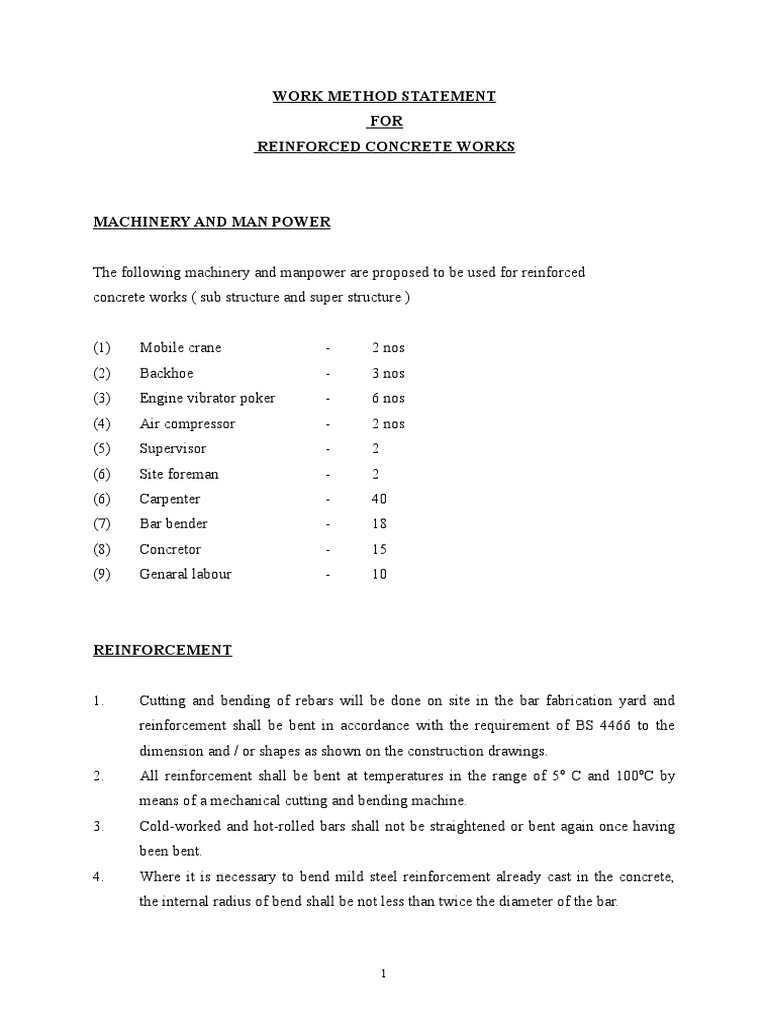 Work Method Statement FOR Reinforced Concrete Works | PDF | Concrete ...